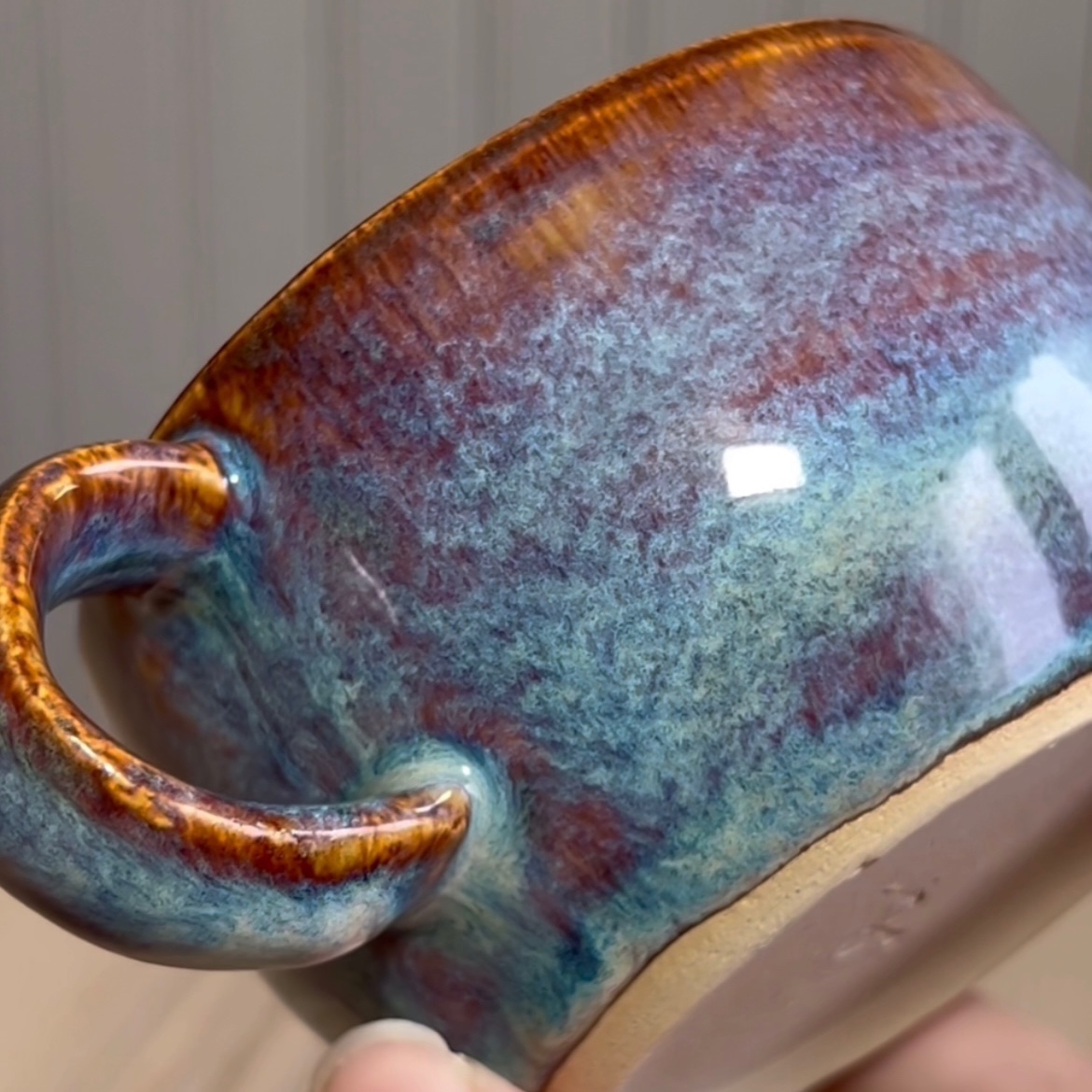 Textured Turquoise and Oatmeal over Iron lustre | glazeshare